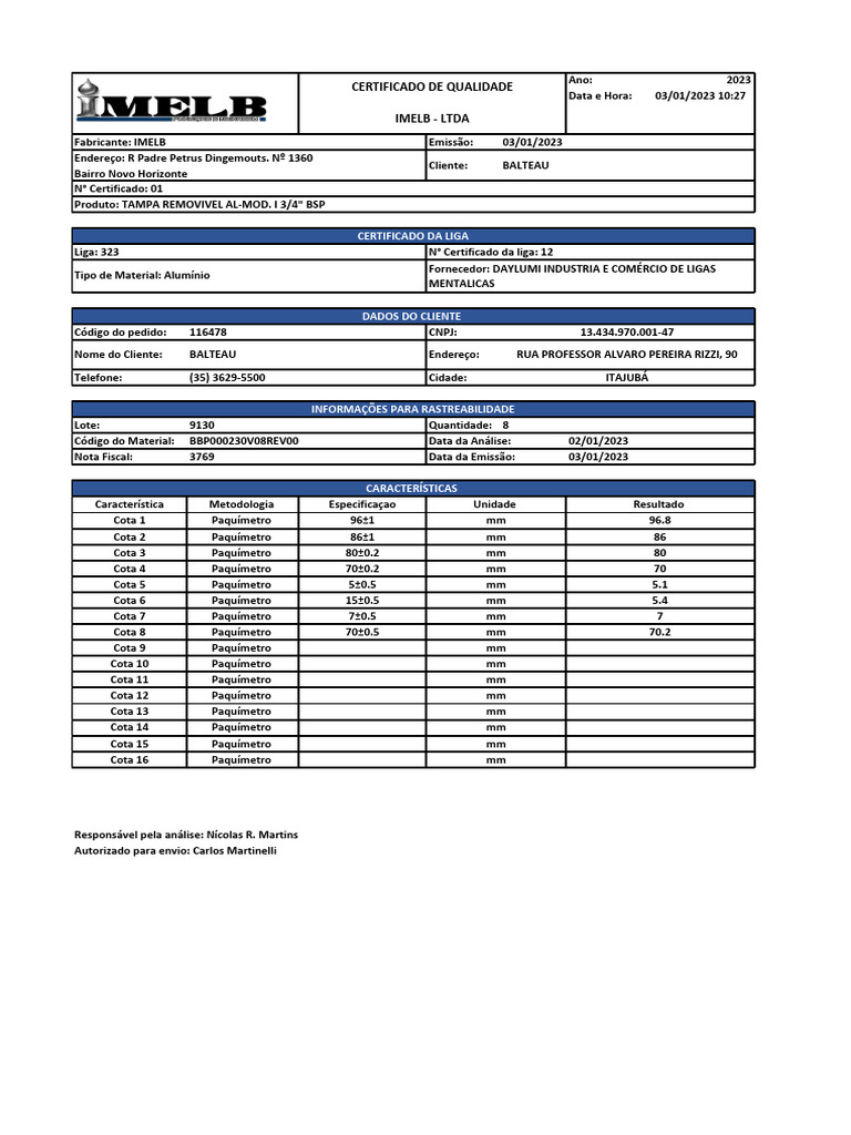 01 - Certificado de Qualidade - Tampa Removivel Al-Mod. I 3-4 BSP | PDF | Tecnologia e Engenharia