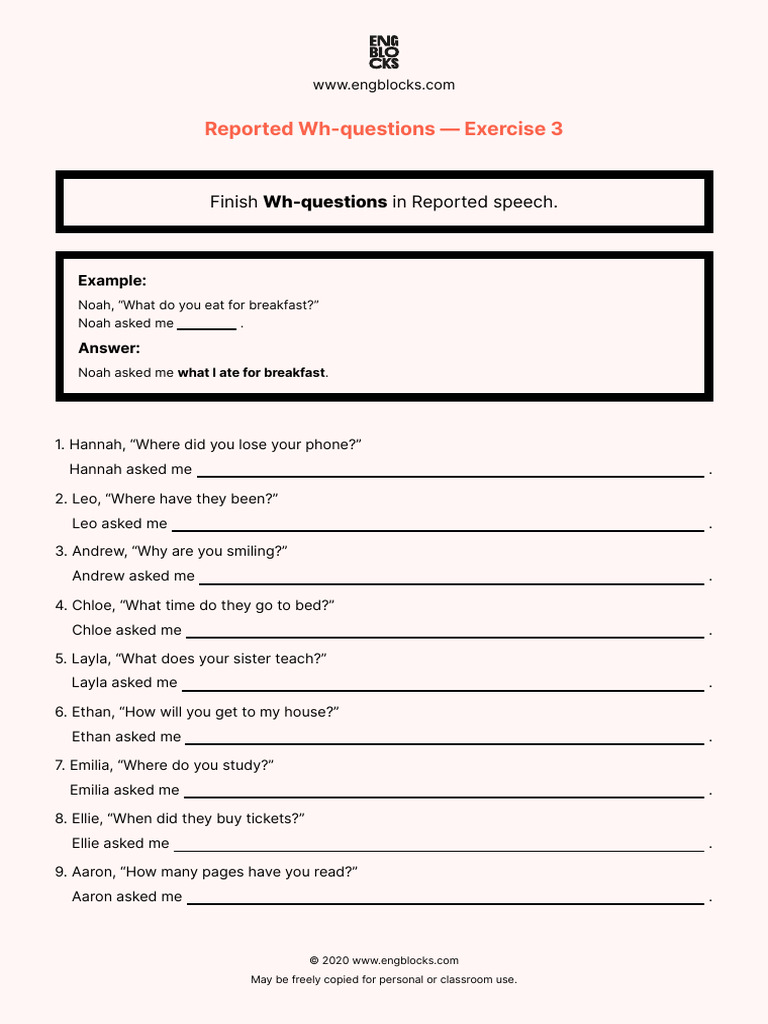 Reported WH Questions Exercise 3 | PDF
