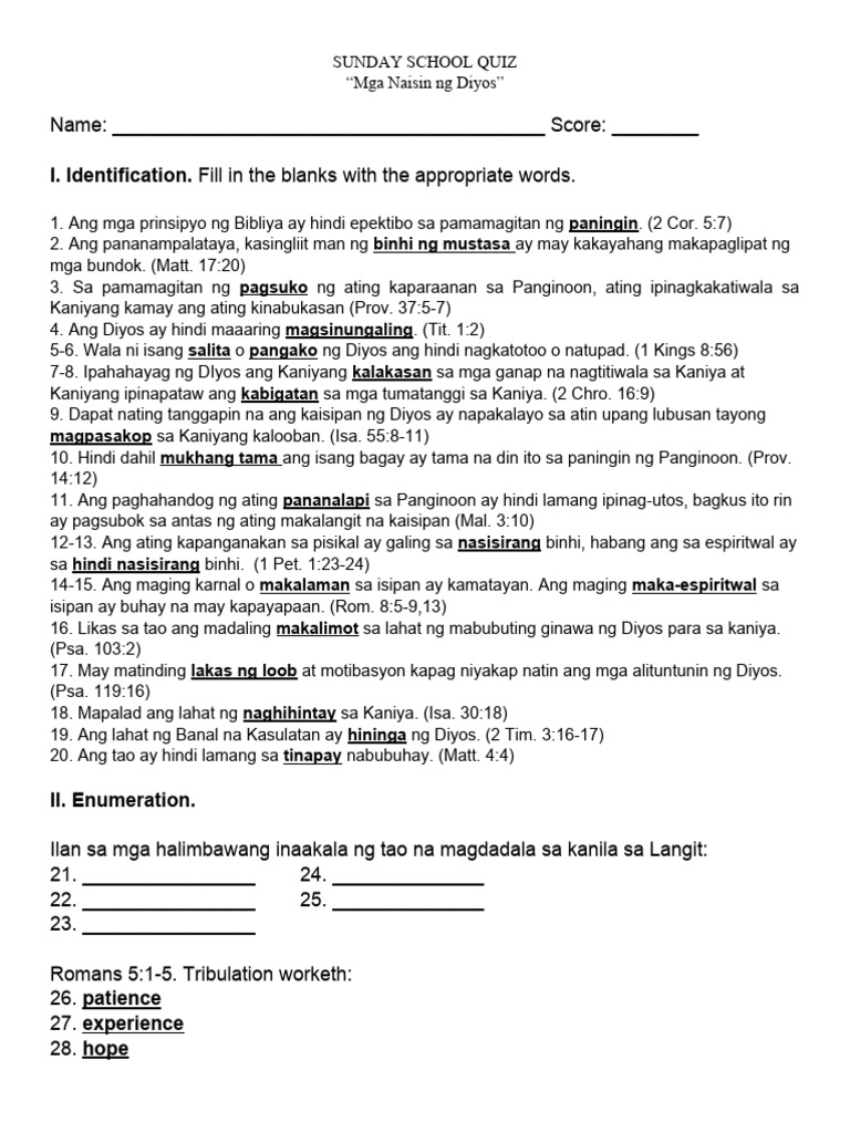 SUNDAY SCHOOL QUIZ - Answer Key | PDF