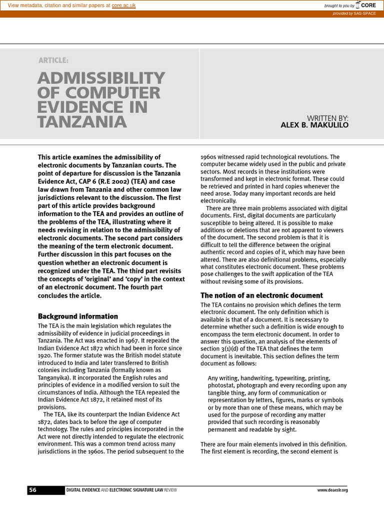 Admissibility of Computer Evidence in Tanzania, by Alex B. Makulilo | Download Free PDF ...