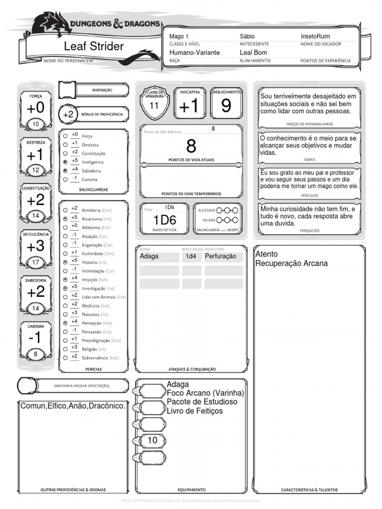 Ficha de Personagem Leaf Strider Nv1. | PDF