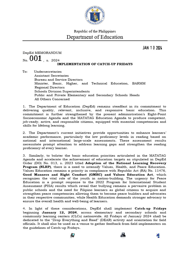 DM - s2024 - 001 IMPLEMENTATION OF CATCH UP FRIDAYS | PDF