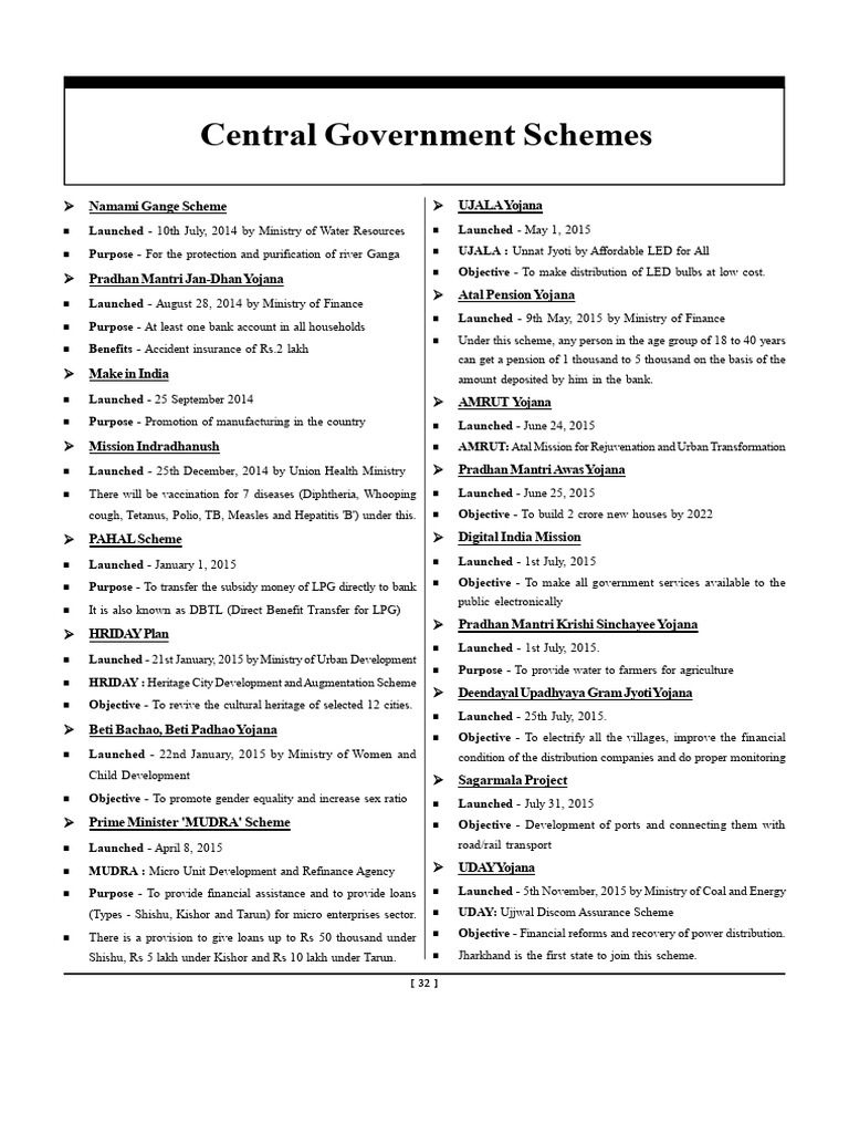 Central Government Schemes Overview | PDF | Government Of India ...