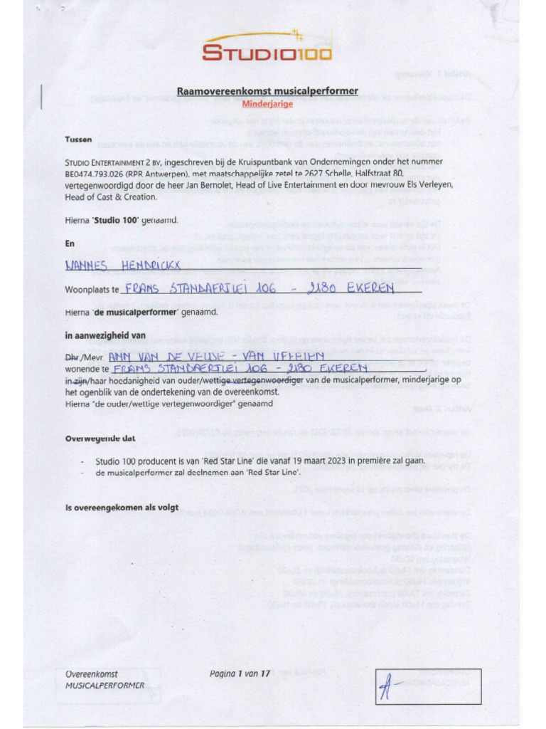 Wannes Hendrickx - Contract Studio 100 (Afwezigheid Muziekschool) | PDF