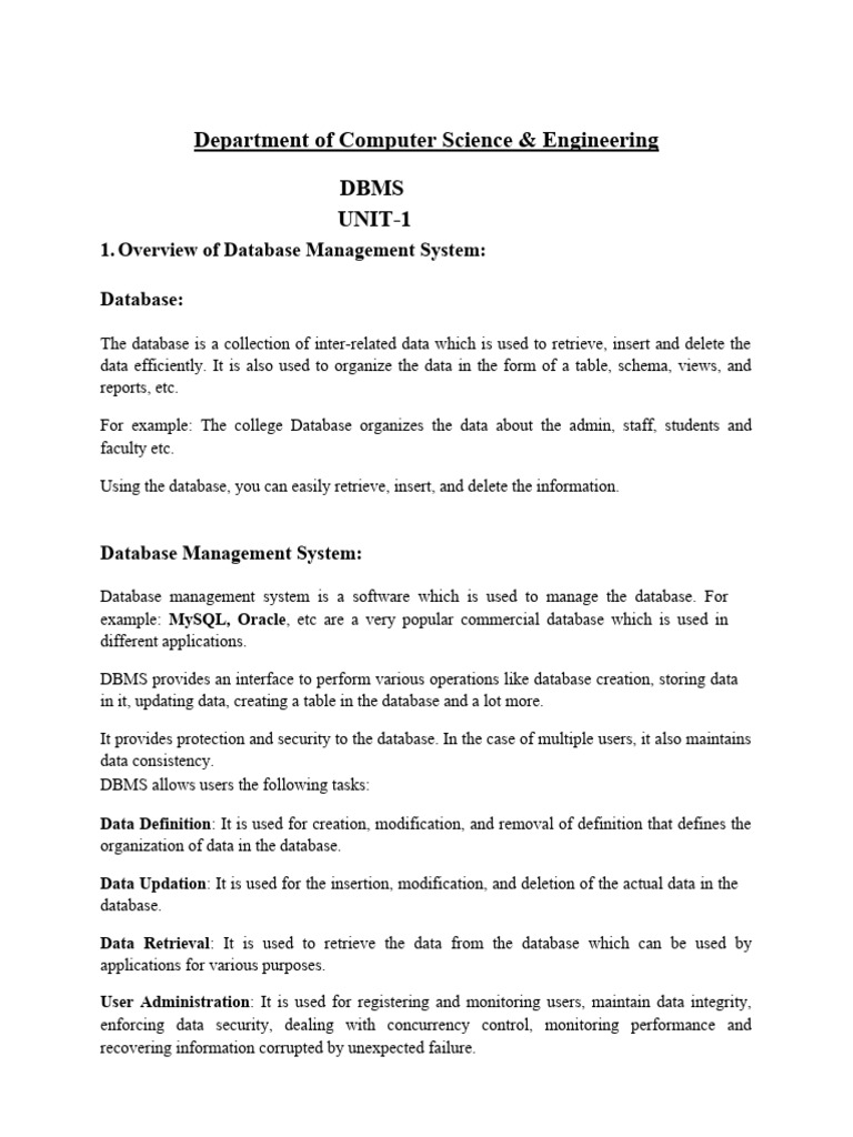 DBMS Unit-1 Notes | PDF | Databases | Conceptual Model