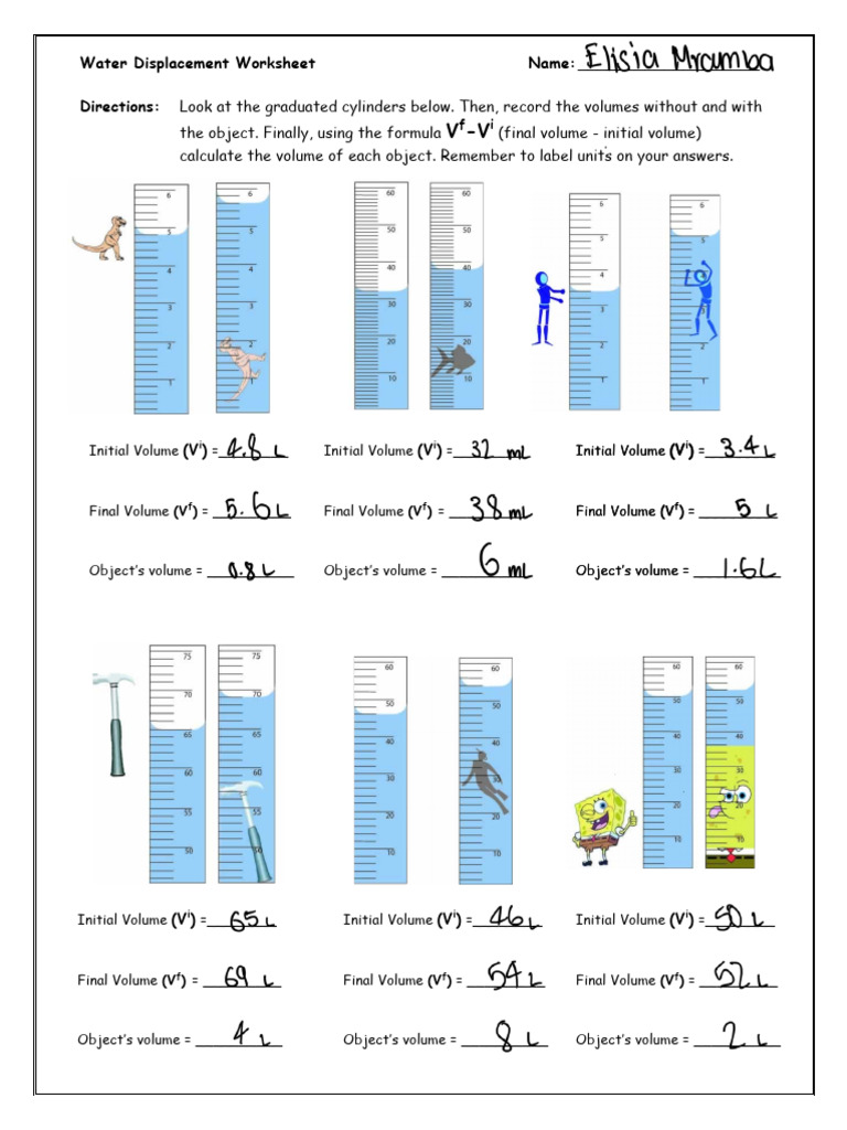 Water Displacement Calculation Worksheet | PDF | Science & Mathematics ...
