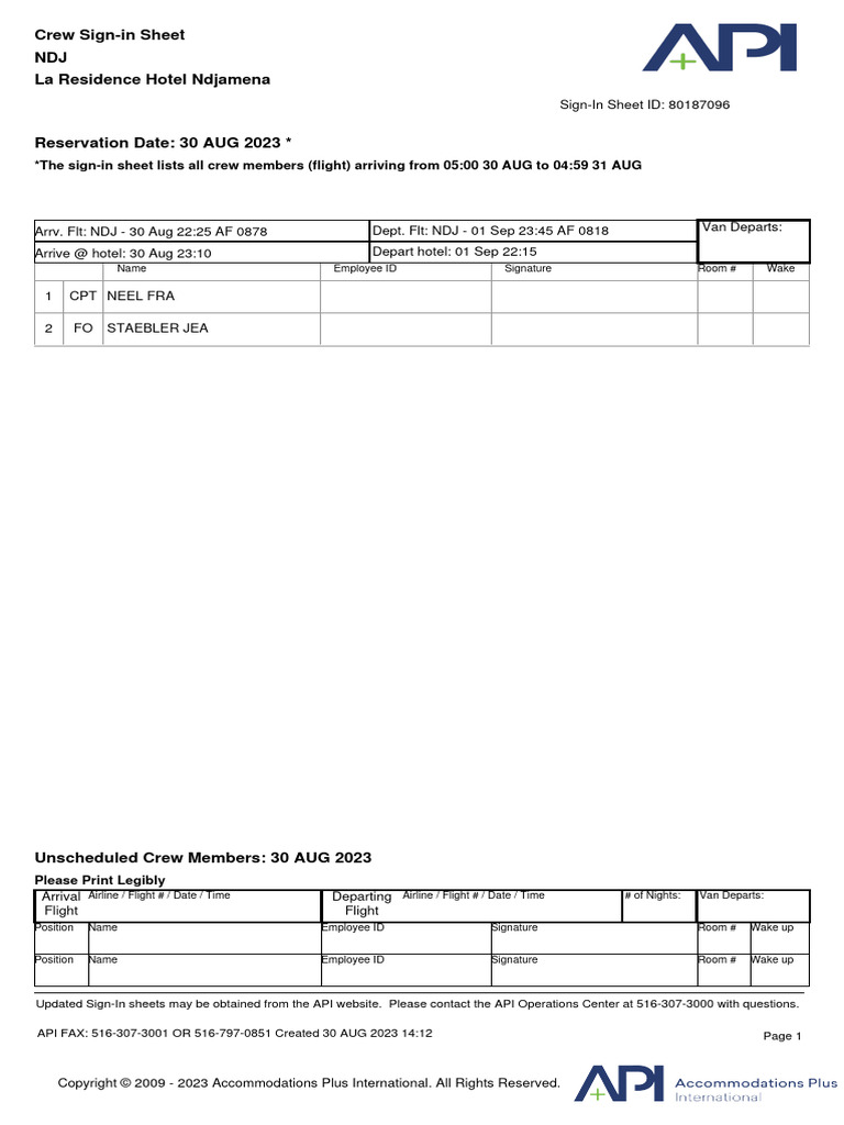Crew Sign-In Sheet NDJ La Residence Hotel Ndjamena | PDF | Freedom Of ...