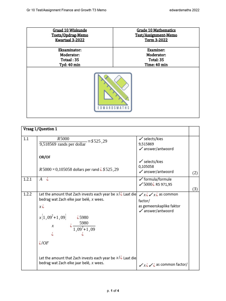 Gr 10 Edwardsmaths Test Or Assignment Finance And Growth T3 2022 Memo 