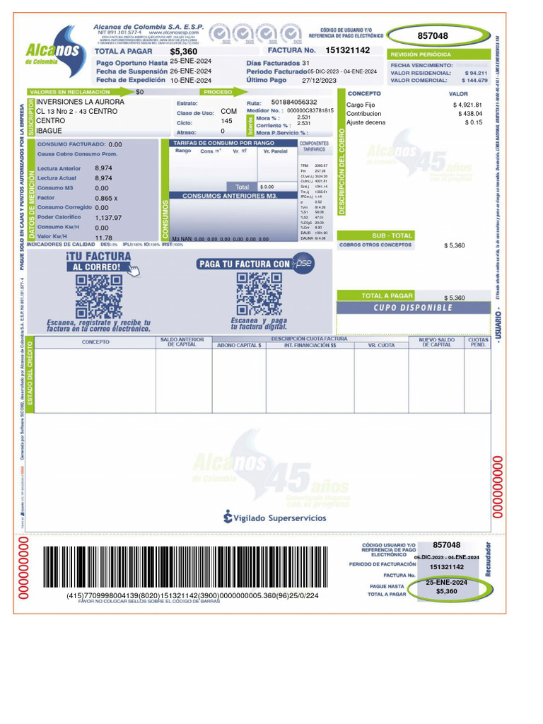 22.ALCANOS DE COLOMBIA SA ESP 857048 y Usuario 800202525 | PDF