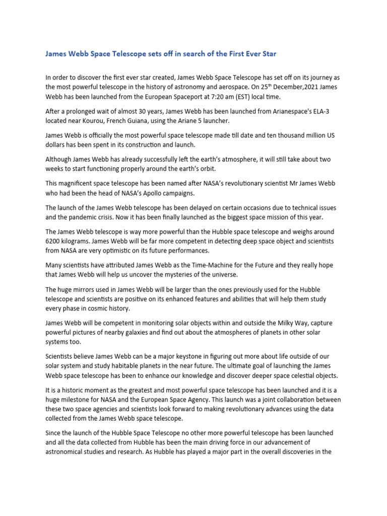 James Webb Space Telescope Sets Off in Search of The First Ever Star ...