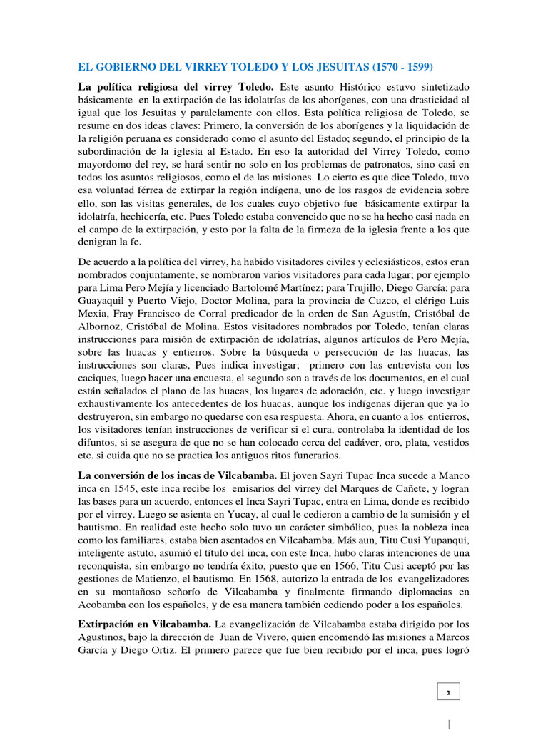 Gobierno del Virrey Toledo y Jesuitas | PDF | Imperio Inca