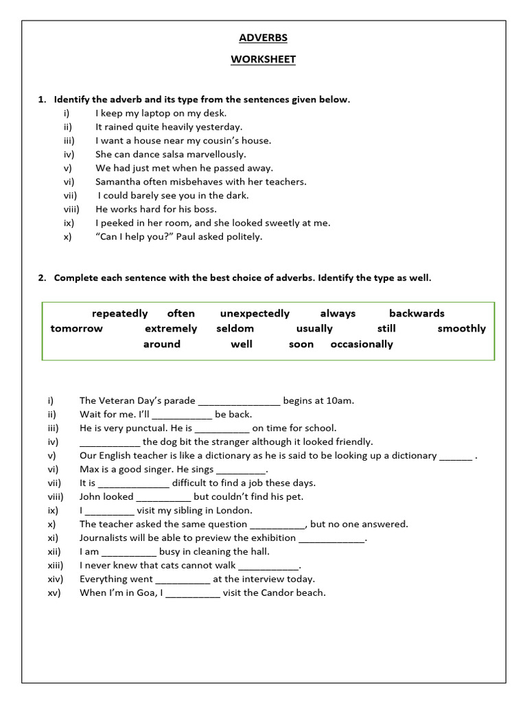 Adverbs Identification and Exercises | PDF