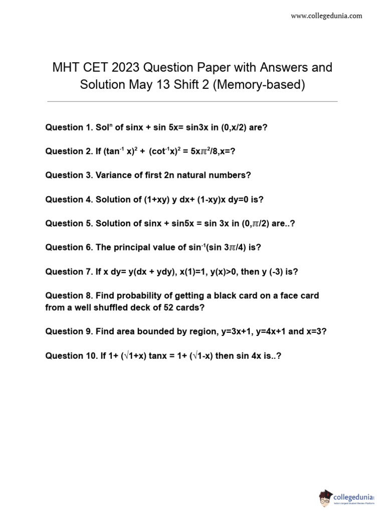 MHT CET 2023 Question Paper May 13 Shift 2 | PDF
