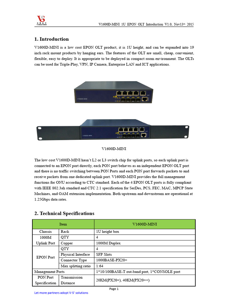 Datasheet of V1600D MINI EPON OLT 2 | PDF | Computer Standards | Computer Architecture