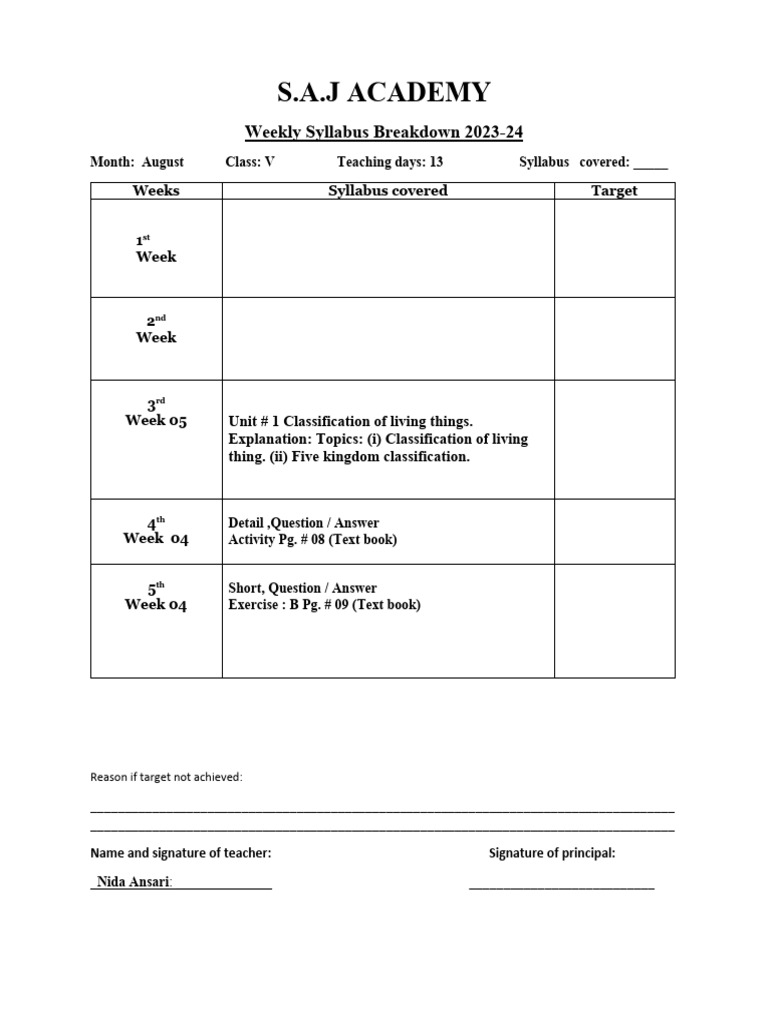 Class V August Syllabus Overview | PDF | Microbiology