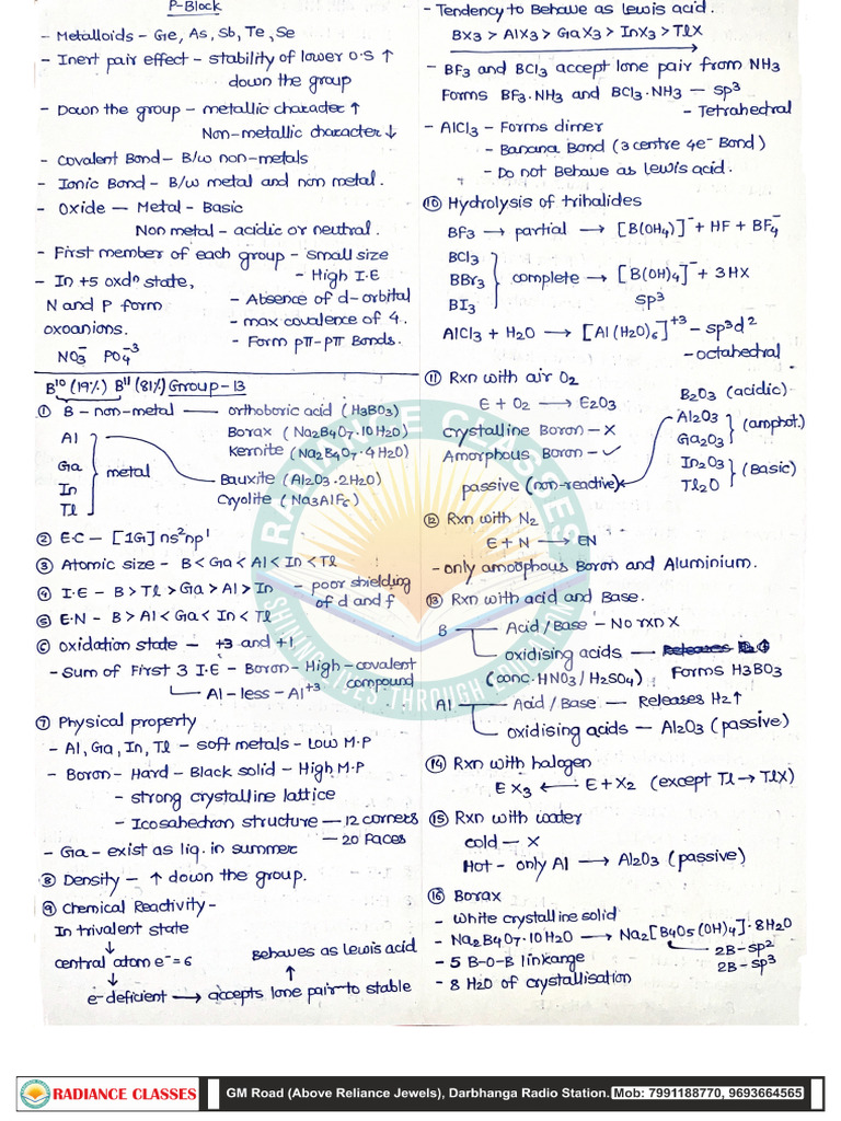 P-Block Short Notes MJ Sir | PDF | Silicon Dioxide | Carbon