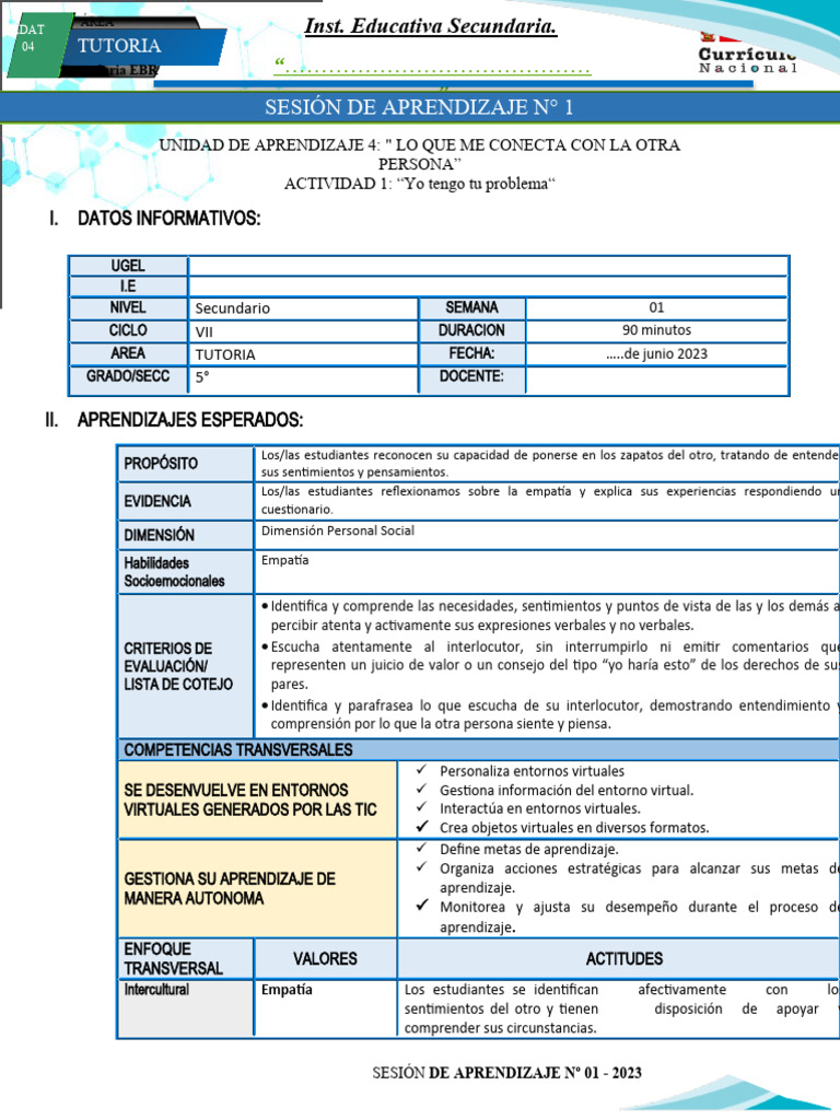5° Tutoria 1 Ses 1 Edat 4 Sem 01 - 2023 | PDF | Aprendizaje | Empatía