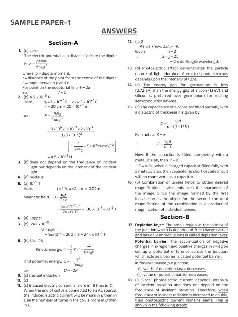 Sample Paper Answers 12 | PDF | Electromagnetic Induction | Photoelectric Effect