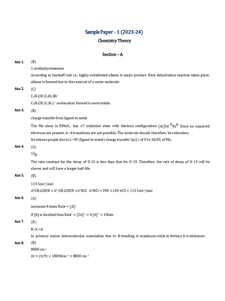 G12 - Sample Paper #1 Chemistry Solutions | PDF | Chemistry | Alkene
