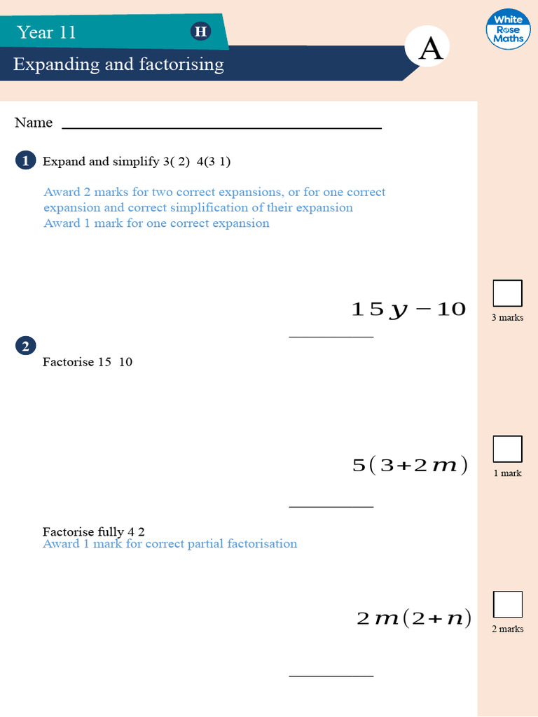Year 11 - Autumn 4 - Expanding and Factorising - Higher-Answers | PDF ...