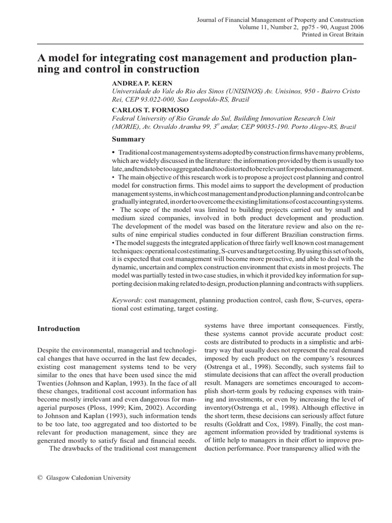 A Model For Integrating Cost Management and Production Planning and ... A Model For Integrating Cost Management and Production Planning and ...
