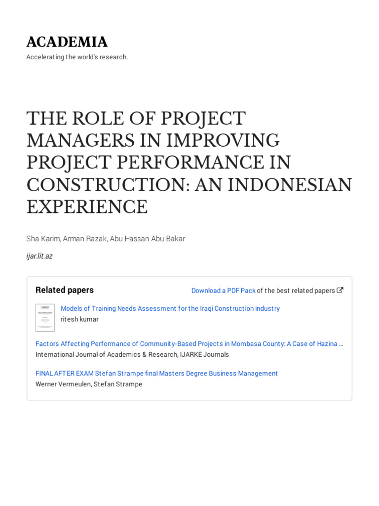 The Role of Project Managers in Improving Project Performanace in Construction | PDF | Project ...