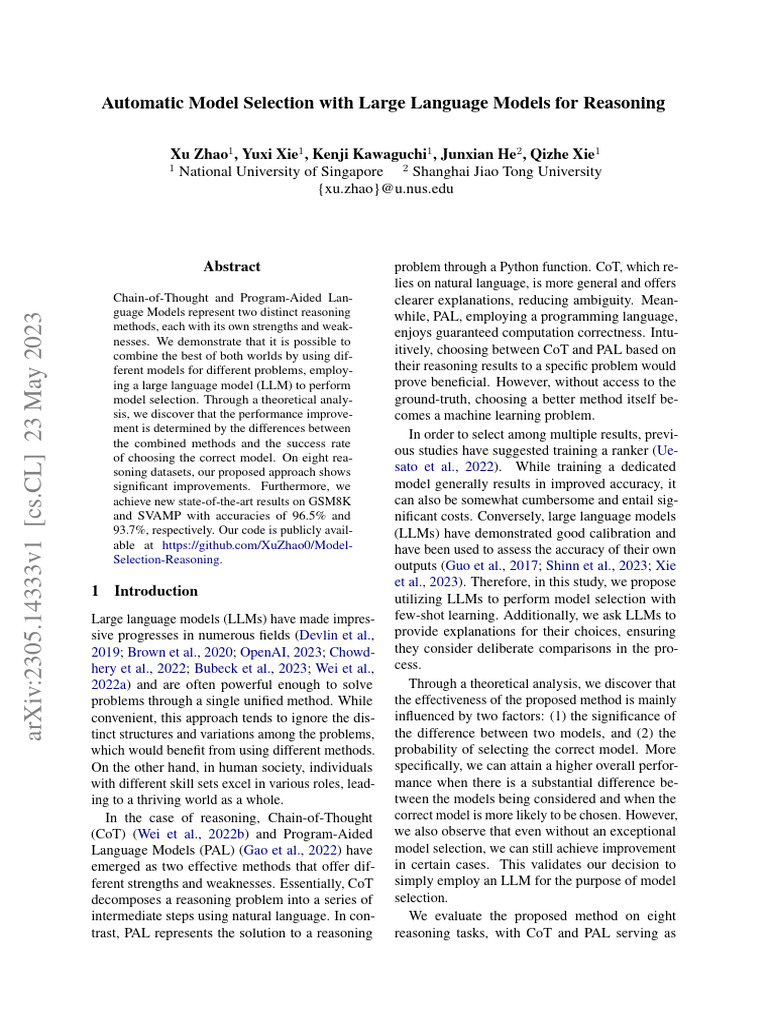 Automatic Model Selection With Large Language Models For Reasoning | PDF | Reason | Learning