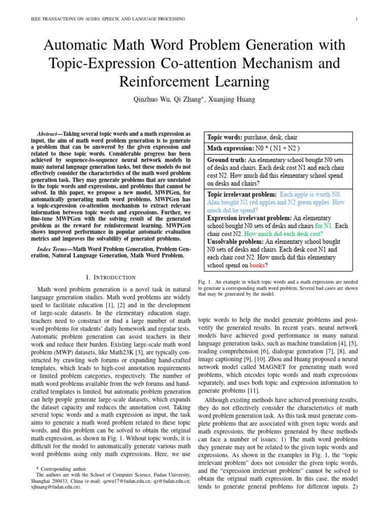 Automatic Math Word Problem Generation With Topic-Expression Co-Attention Mechanism and ...