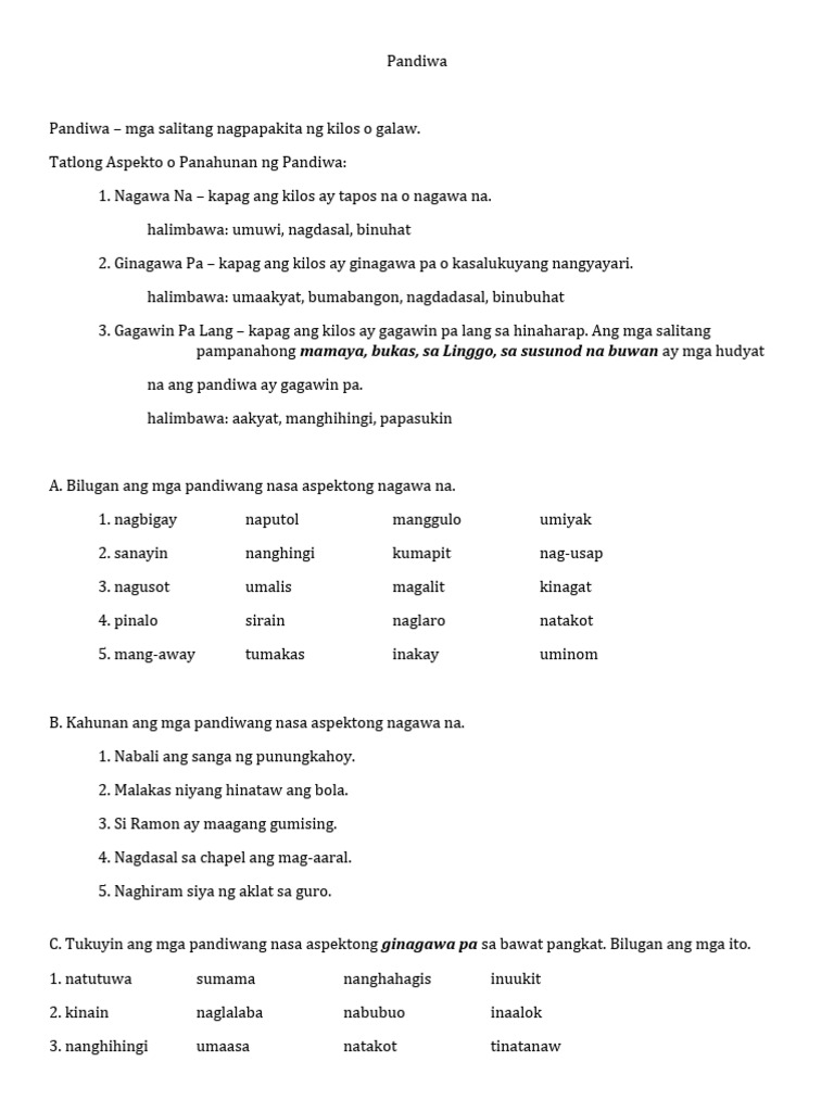 Aspekto NG Pandiwa Grade 4 | PDF
