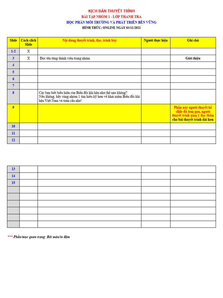 KỊCH BẢN THUYẾT TRÌNH - BT NHÓM 1 - MT&PTBV | PDF