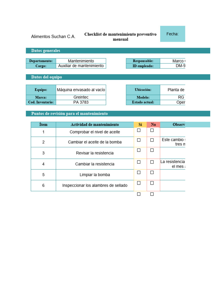 Ejemplo de Checklist de Mantenimiento | PDF
