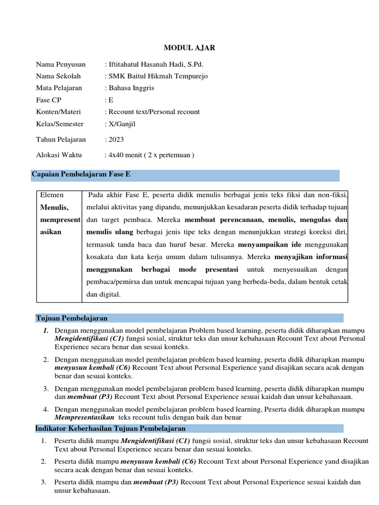 Template Modul Ajar Recount | PDF