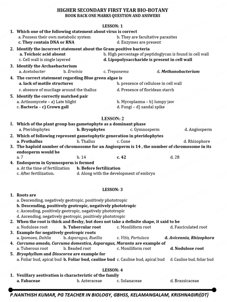 11th Bio Botany Book Back 1 Mark Questions With Answer Key English ...