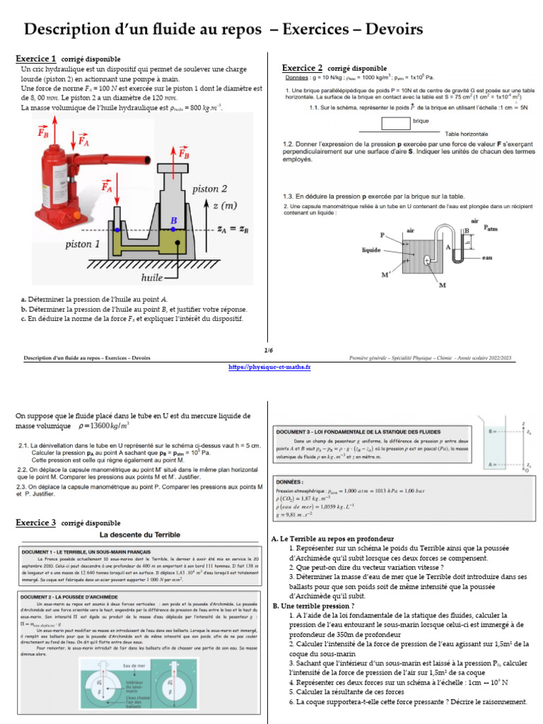 Statique Fluide Exercices | PDF | Pression | Grandeur physique