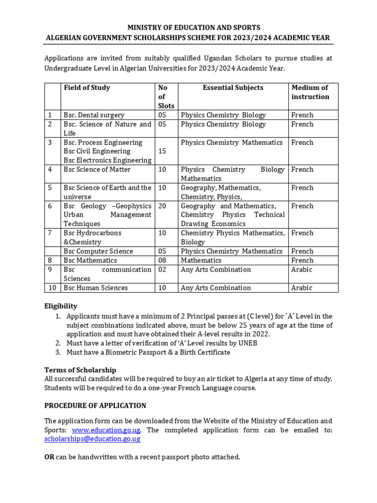 Algerian Scholarship Advert 2023 24 Academic Year | PDF | Bachelor Of ...