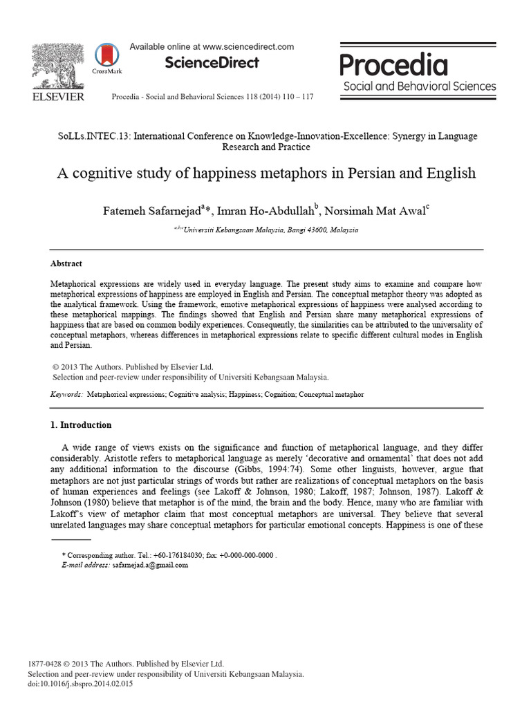 A Cognitive Study of Happiness Metaphors in Persian and Englis | PDF | Metaphor | Emotions