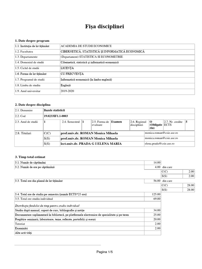 FisaDisciplina Bazele Statisticii | PDF