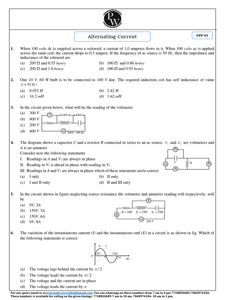 Alternating Current DPP-03 Rohit Sir (Prayas) - Alternating Current - DPP-03 - (Rohit Sir ...