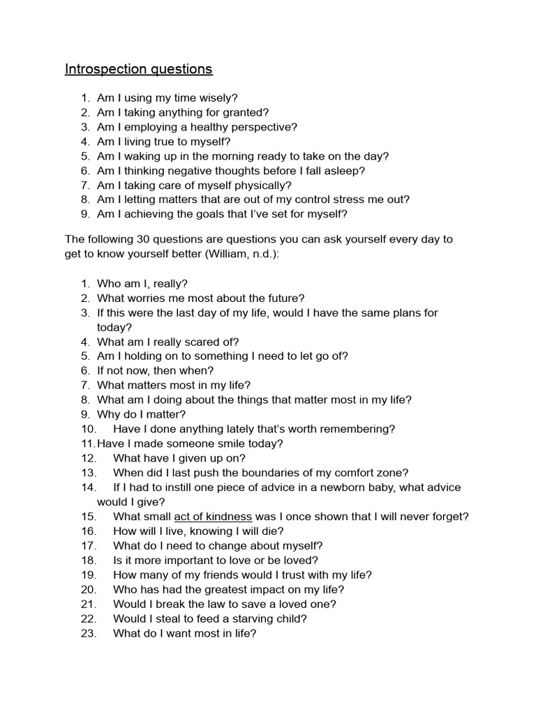 Introspection Questions | PDF | Thought | Psychological Concepts