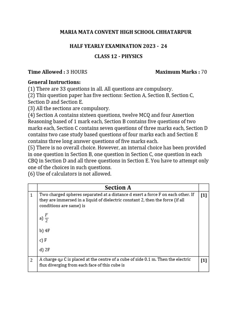 Class 12 Half Yearly Physics | PDF | Inductance | Magnetic Field