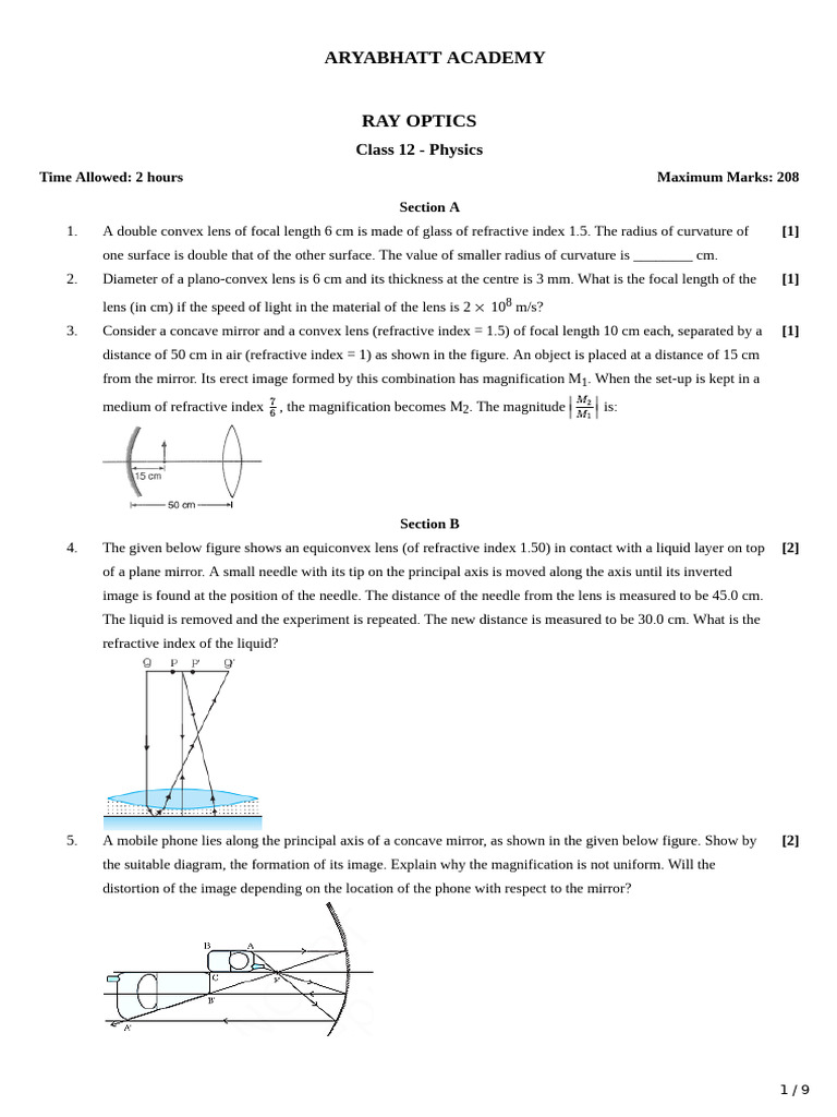 Ay Optics Practice Ques | PDF | Mirror | Refractive Index