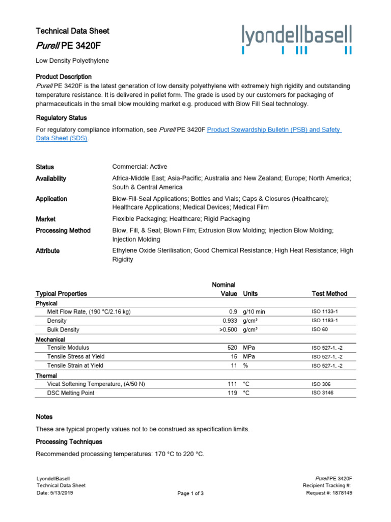 Technical Data Sheet - PE Granules-Basell | PDF | Polyethylene ...