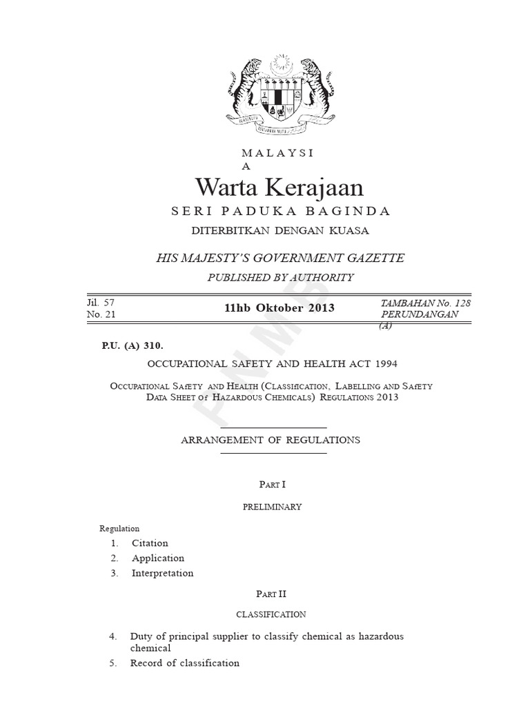 2013 DOSH Hazardous Chemicals Regulations | PDF | Dangerous Goods | Hazards