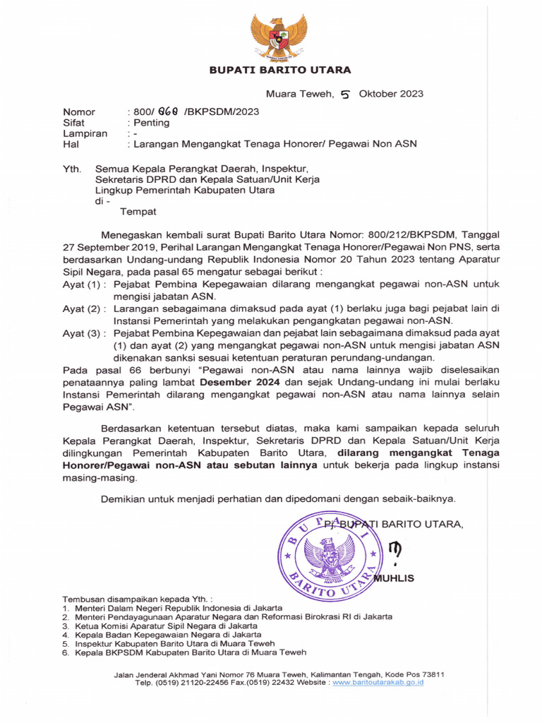 Surat Larangan Mengangkat Tenaga Honorer Atau Non ASN 2023-Pj - Bupati | PDF