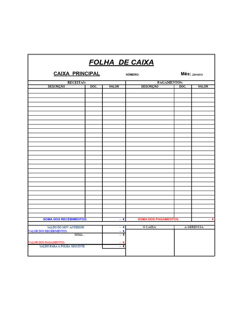 Folha de Caixa Mensal | PDF