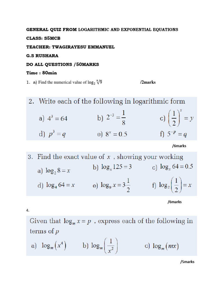 General Quiz From Logarithmic and Exponentialequations | PDF