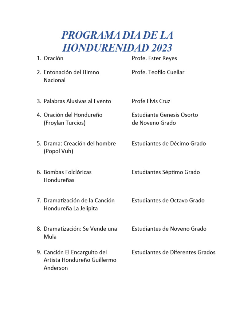 Programa Dia de La Hondurenidad 2023 | PDF | Arte