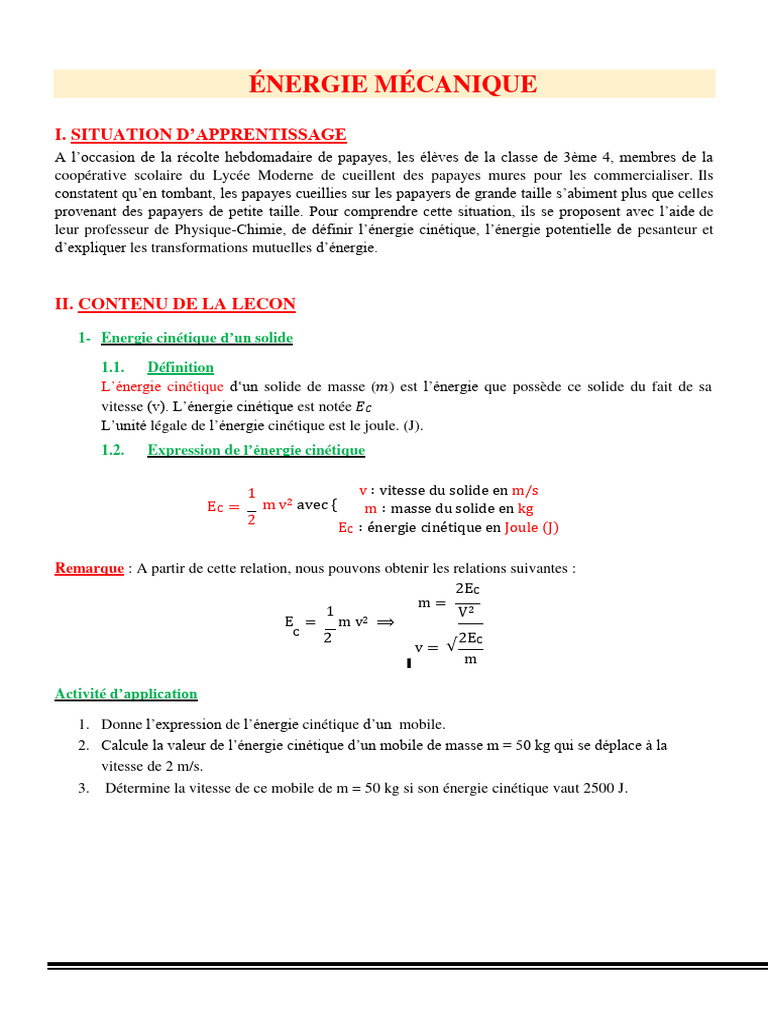 Énergie Mécanique et Transformations | PDF | Vitesse | Énergie kinétique