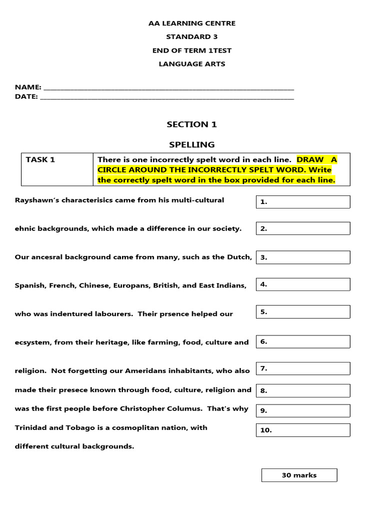 STD 3 End of Term 1 Language Arts Test | PDF | Literacy | Linguistics