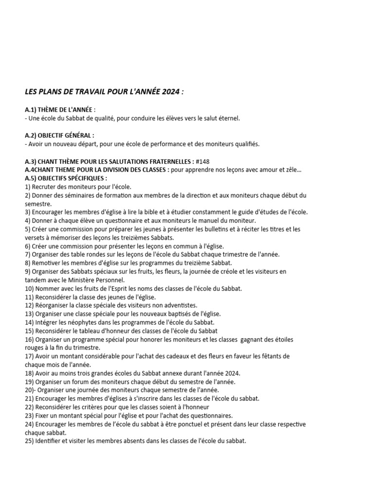 Plans de travail École du Sabbat 2024 | PDF | Théologie systématique ...